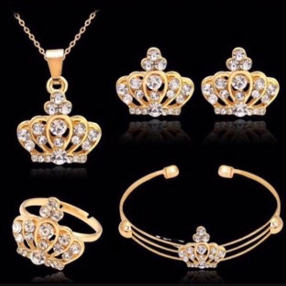 Jewelry | Gold Tone 4 Piece Rhinestones Crown Necklace Set | Poshmark
